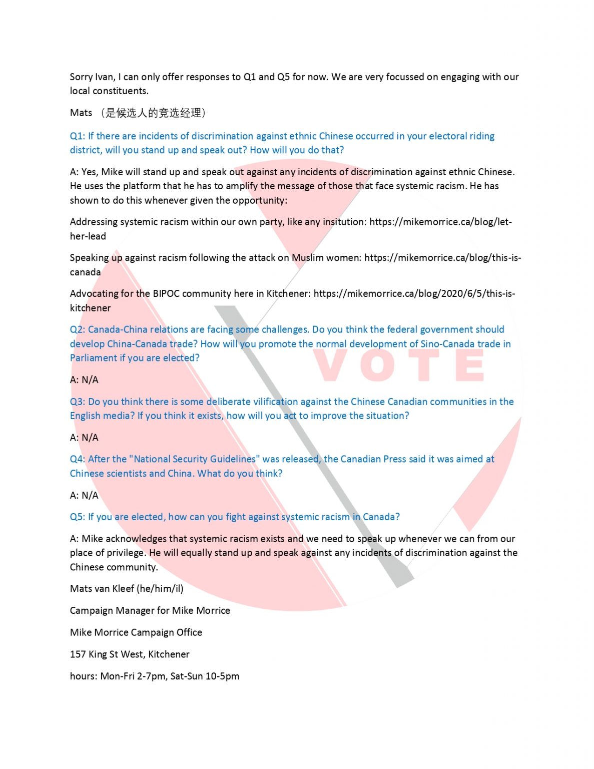 Mike Morrice – 加拿大華裔投票促進會